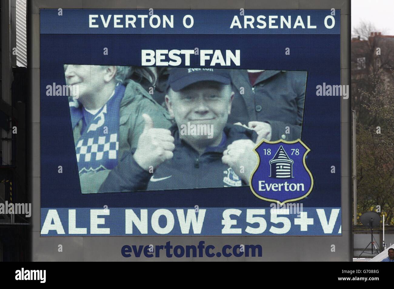 Everton's 'Best Fan' is shown on the giant screen before the match ...