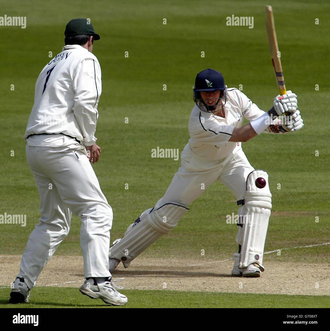Yorkshire's Simon Guy hits away for four runs from the bowling of ...