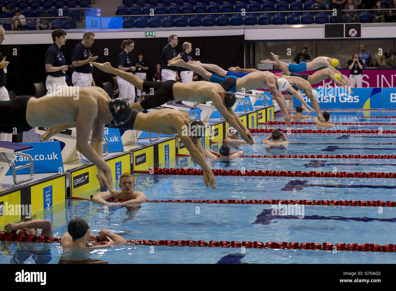 Swimmers competes in the 200m Butterflyheats during the 2014 British ...