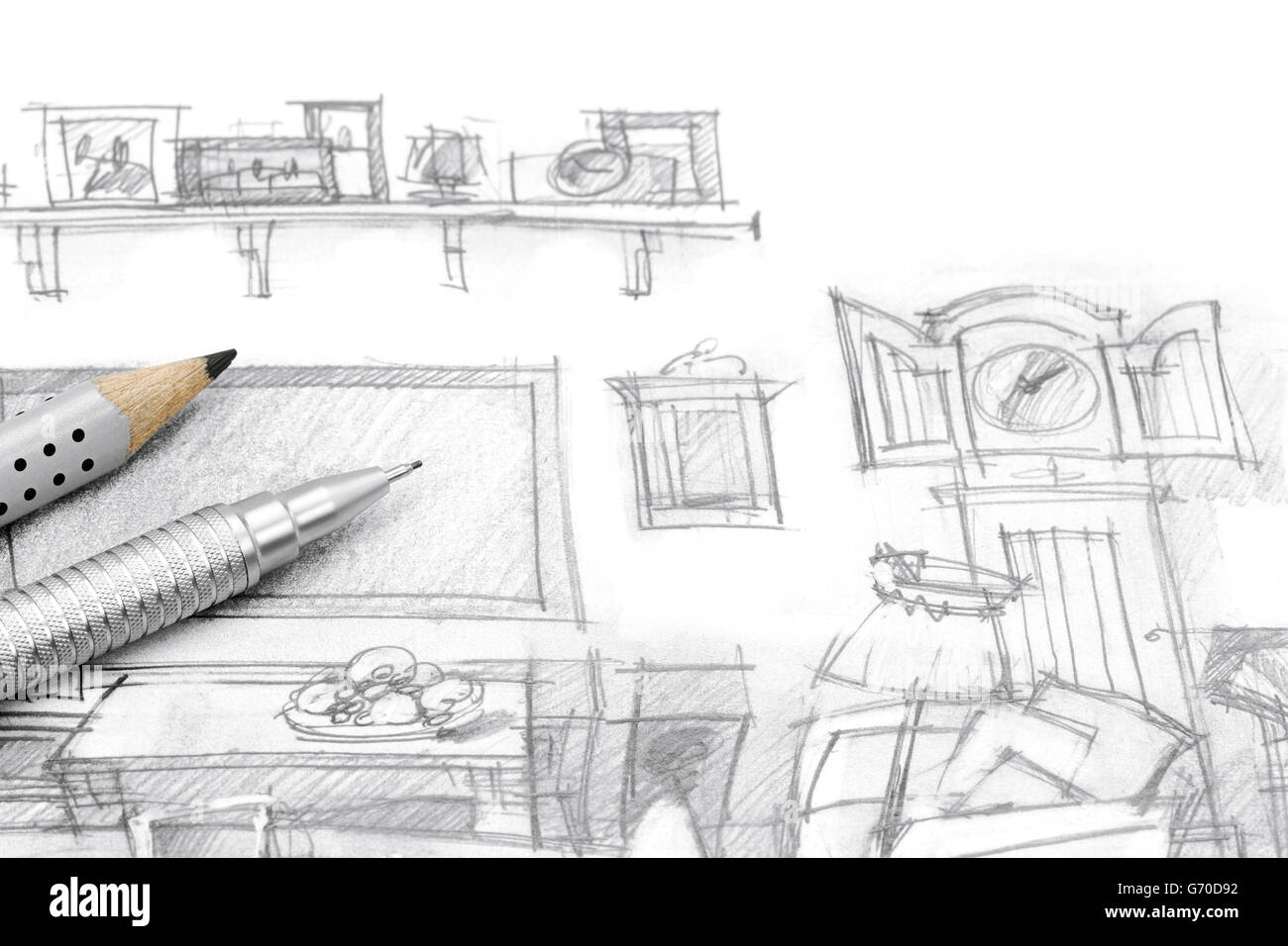 graphical drawing of living room furniture with pencils Stock Photo - Alamy