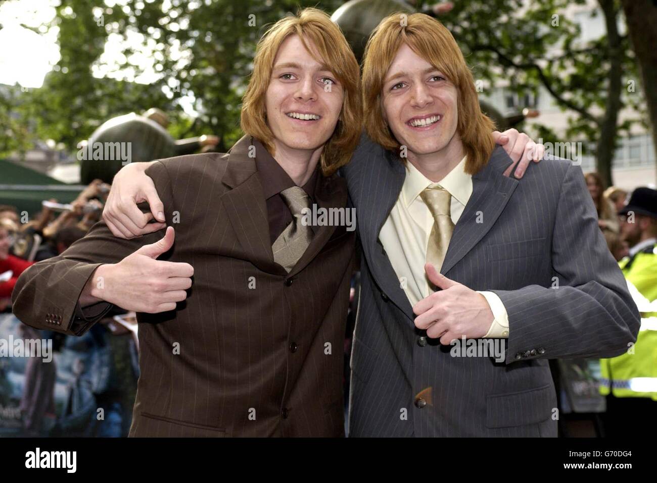 Stars of the film, brothers James (left) and Oliver Phelps (who plays Fred and George Weasley ...
