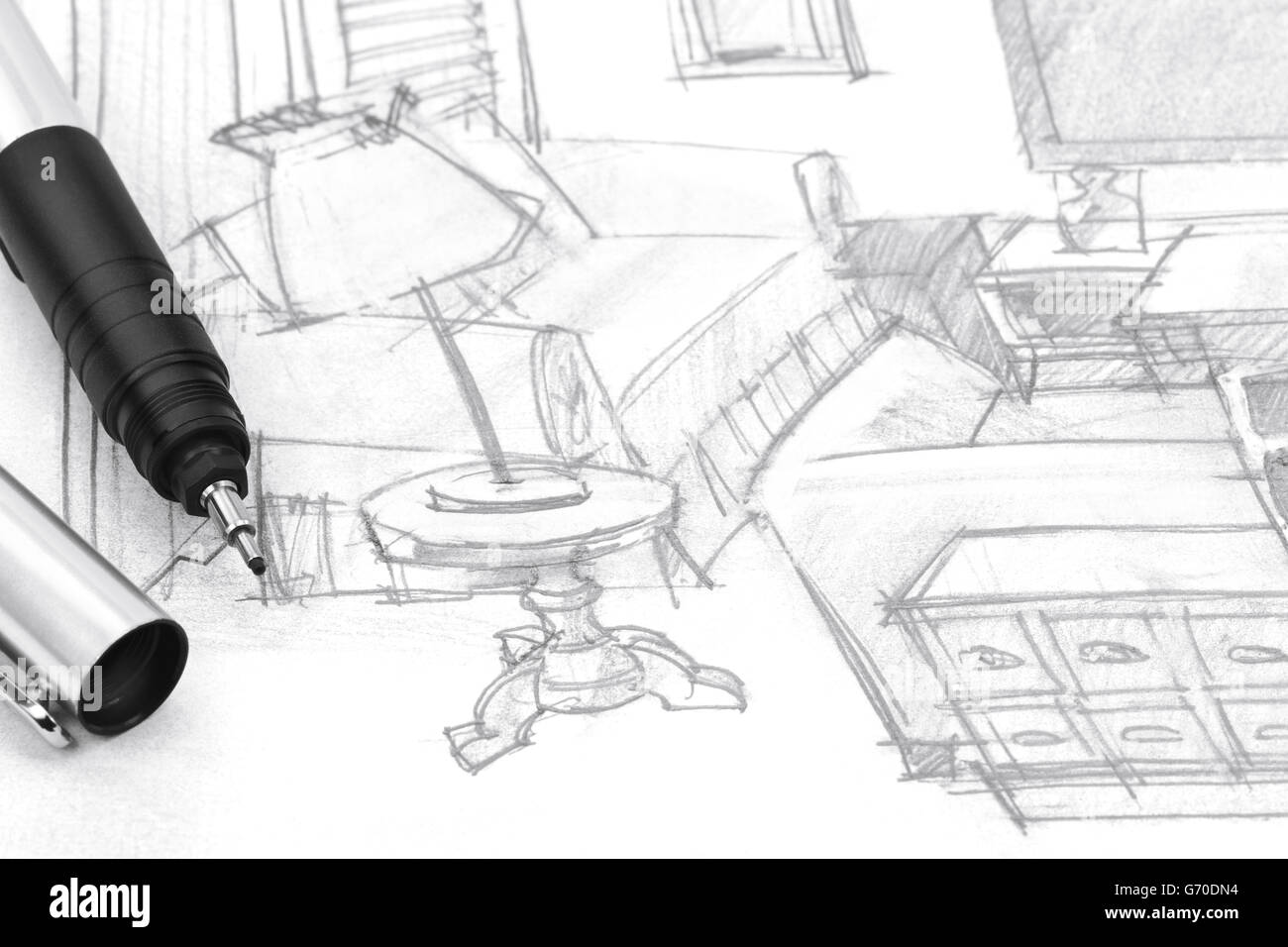 designer hand drawing of living room furniture with a pen Stock Photo ...