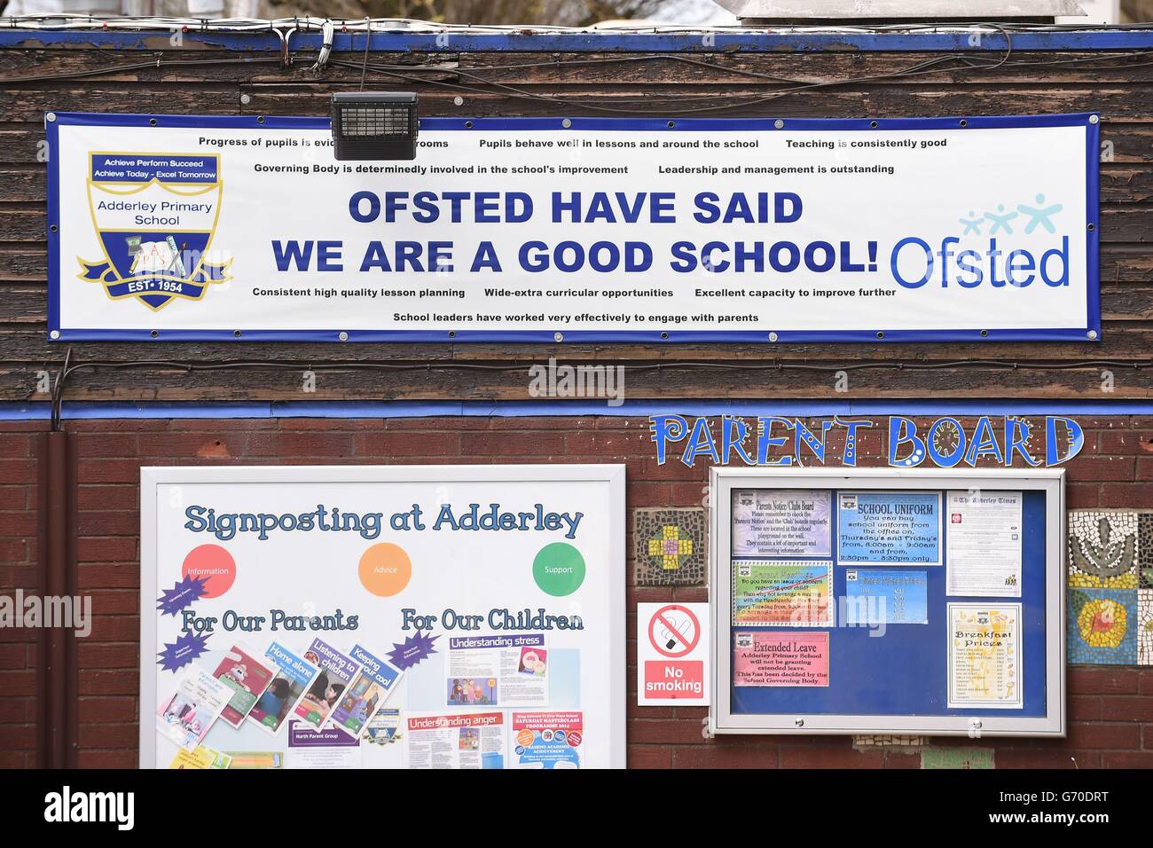 An Ofsted banner at Adderley Primary School in Birmingham which is ...