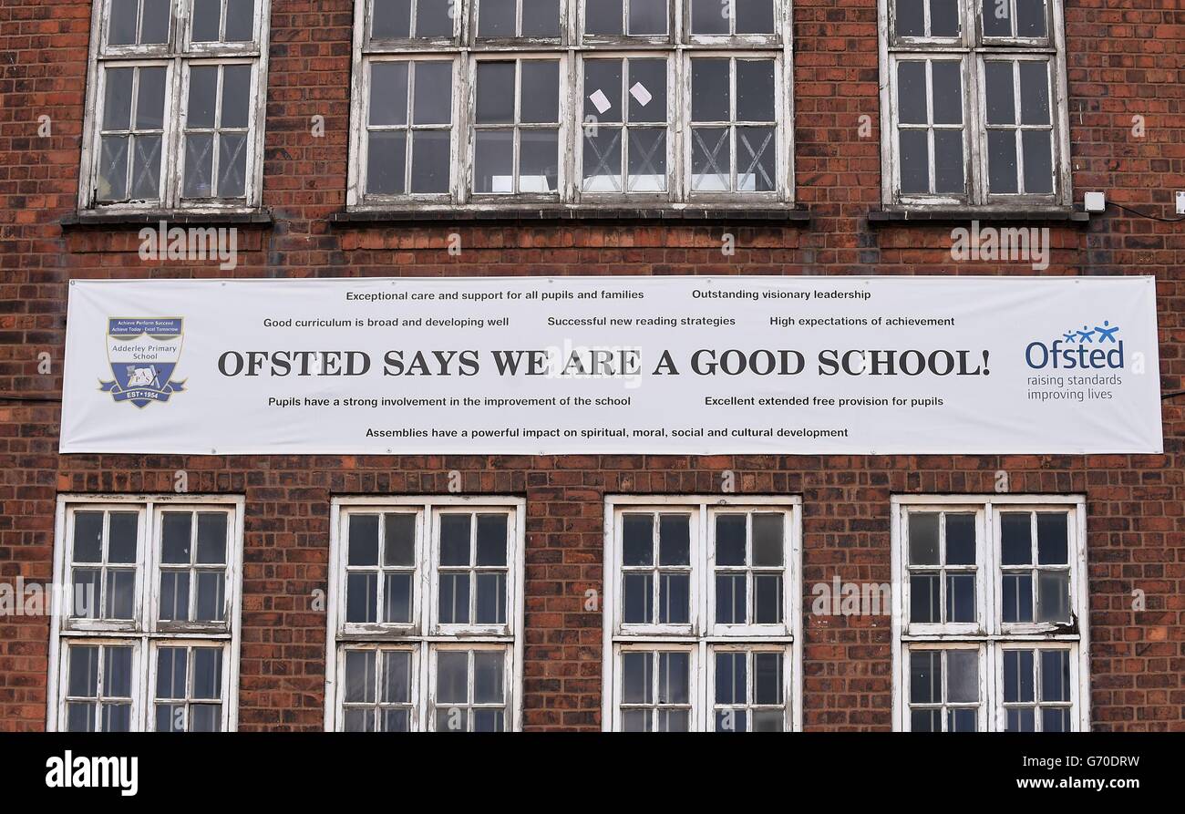 An Ofsted banner at Adderley Primary School in Birmingham which is ...