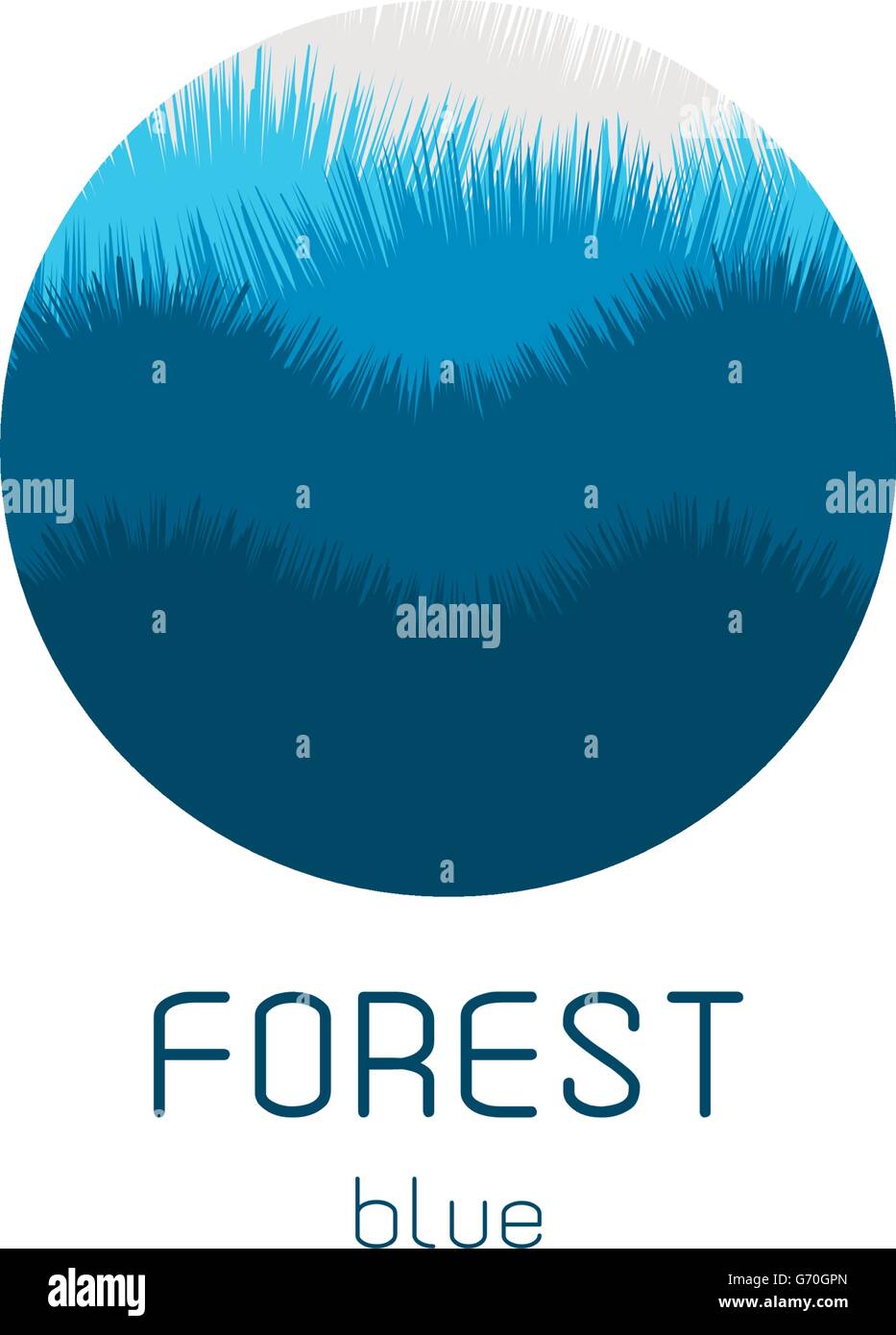 Isolated round vector logo. Blue forest view image. Natural landscape ...