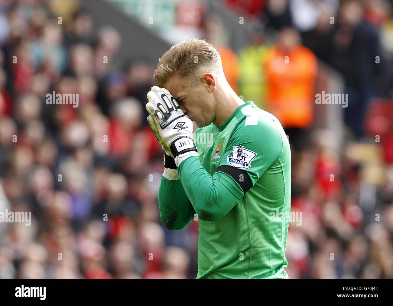 Manchester City goalkeeper Joe Hart shows his relief after teammate ...