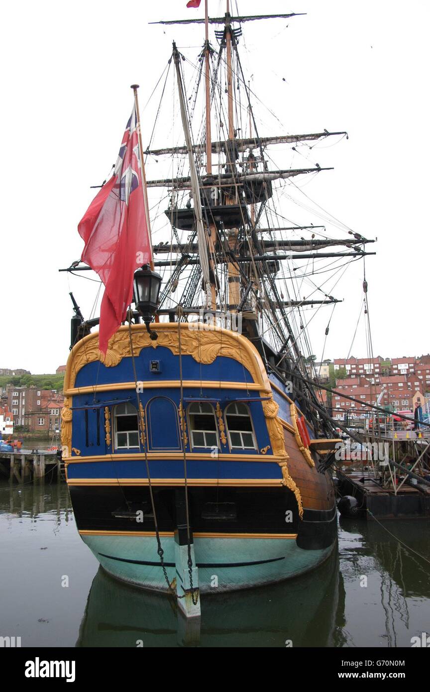 A general view of HMS Endeavor in the harbour of the small fishing town ...