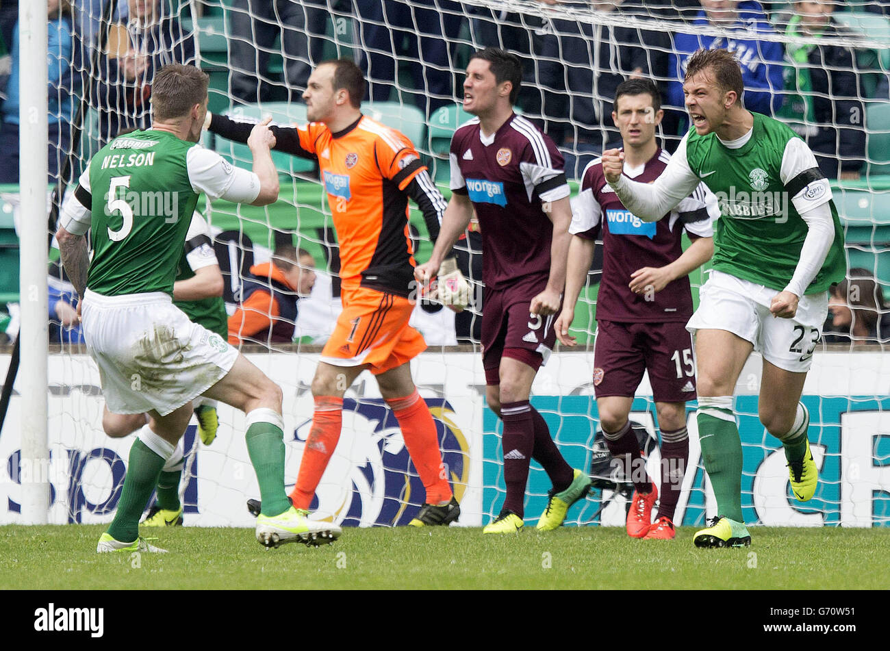 Hibernian Jordon Forster (right) celebrates his goal during the ...
