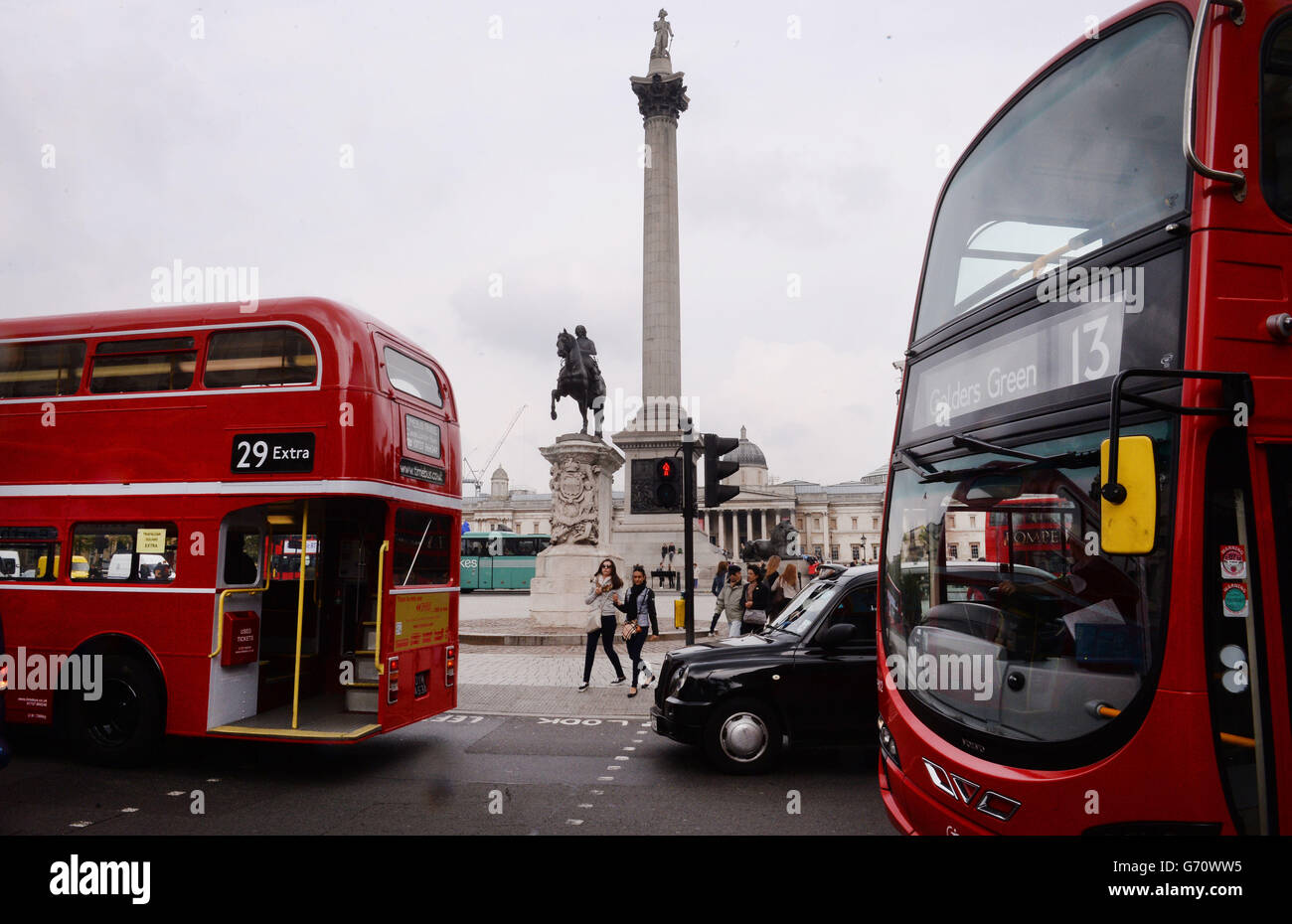 An old Routemaster bus is seen in Trafalgar Square, London, as extra ...