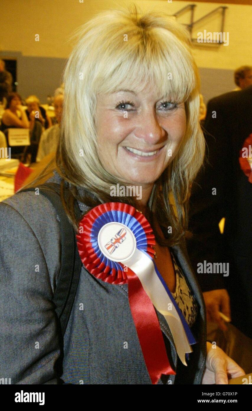 Sharon Wilkinson of the BNP celebrates after winning her seat at the ...