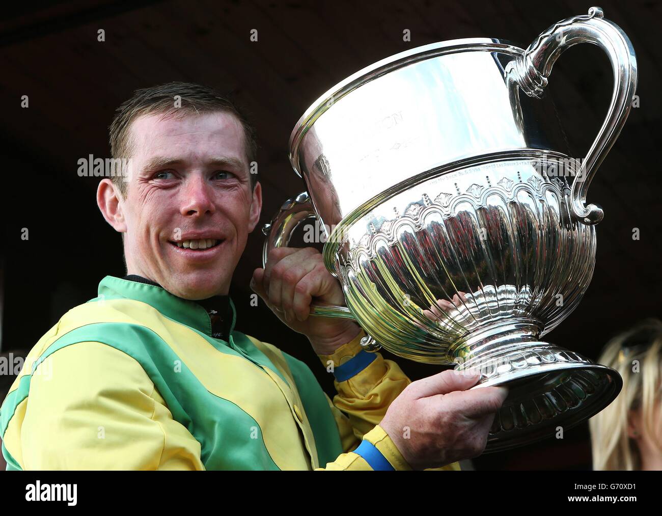 Andrew Lynch with the Blessington Cup after riding Sizing Europe to ...
