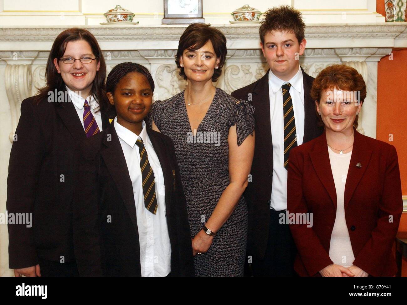 Cherie Blair with (l/r) Hannah Poyzer, Jessica Oldham and Iain Wright ...