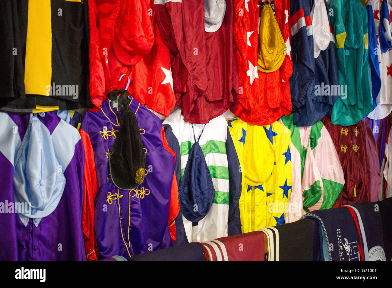 The Queen's racing colours (C) hangs in the colours room in preparation ...