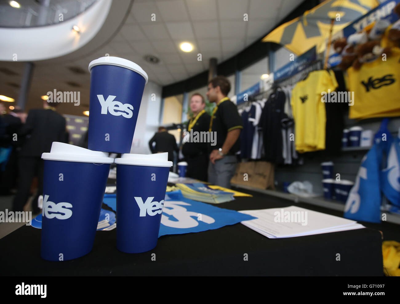 Cups with Yes logos at the SNP spring conference in Aberdeen, where ...