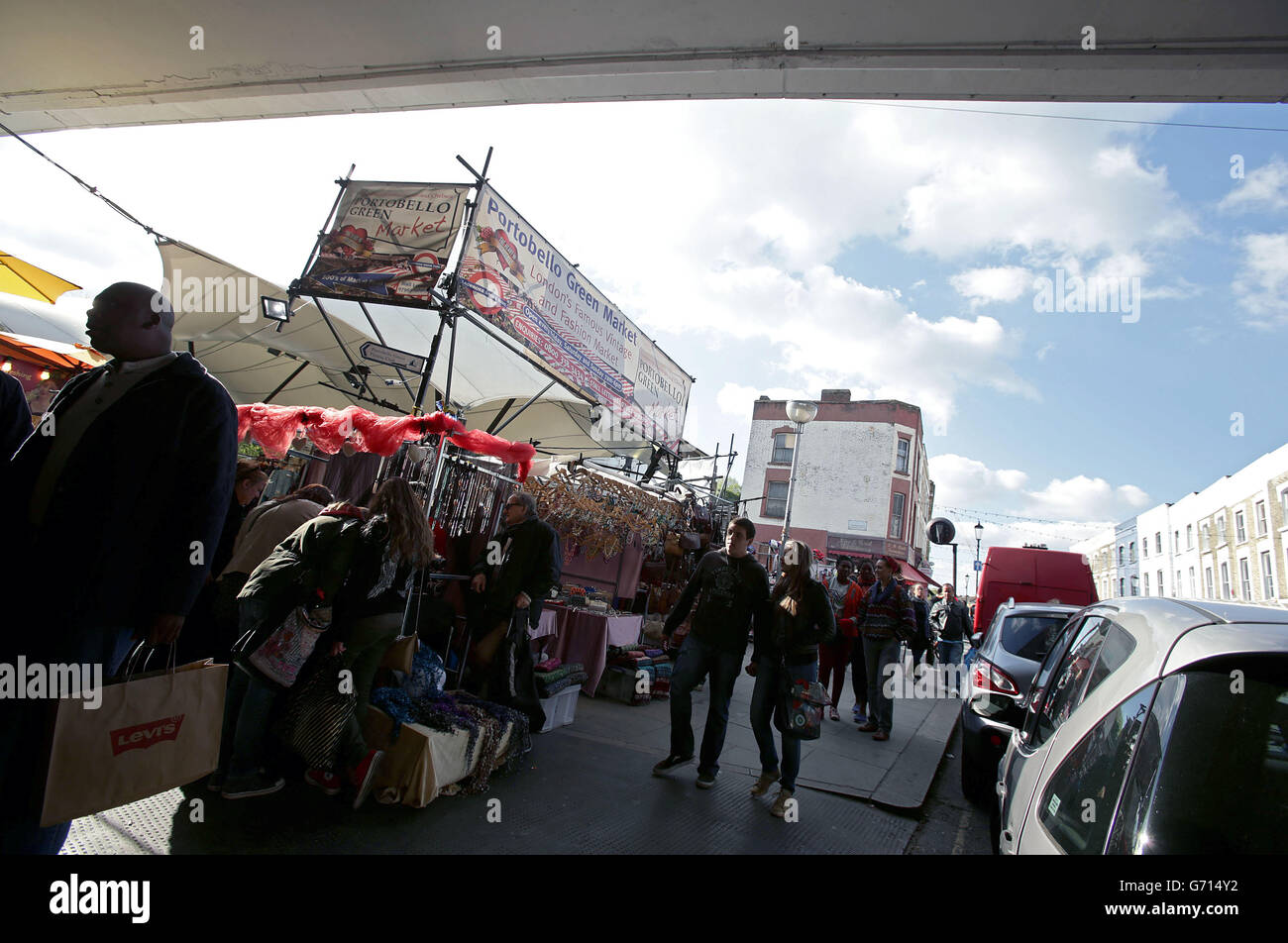 A view of the stalls of Portobello Green Market in Notting Hill, London ...