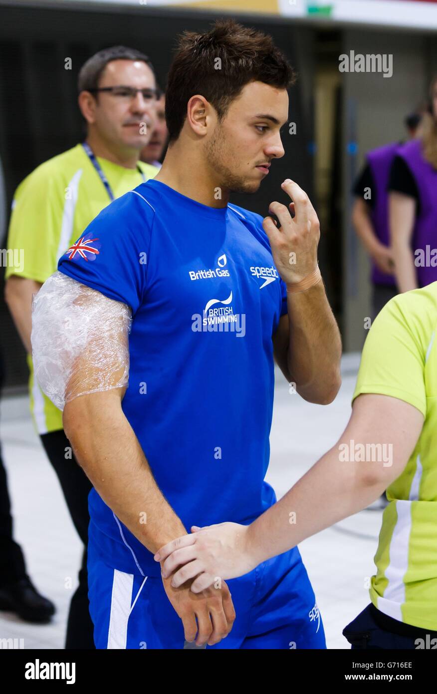 Great Britain's Tom Daley has a ice pack on his arm following his men's ...