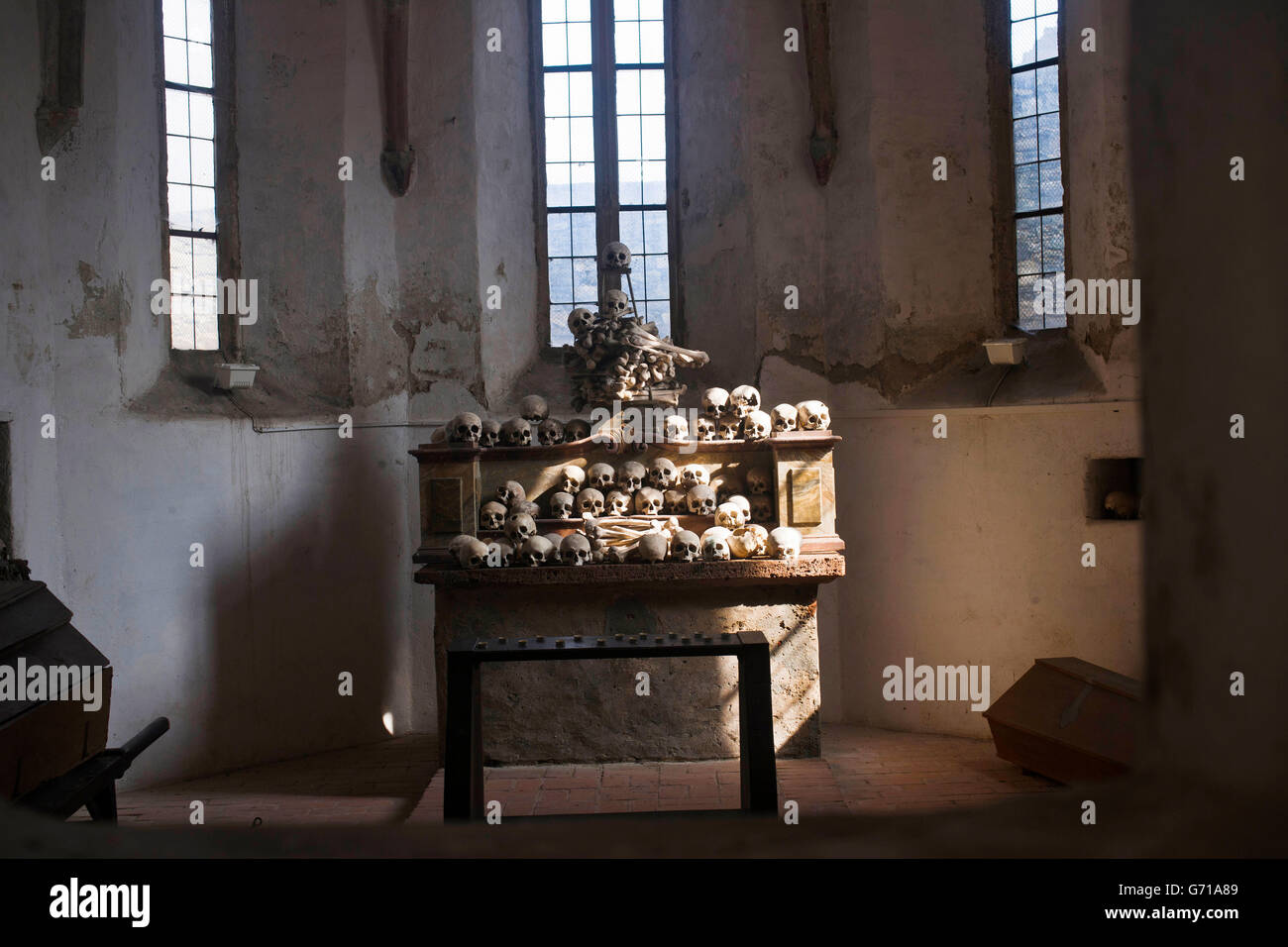 Skulls on altar, ossuary, gothic bone house, fortified church, St ...