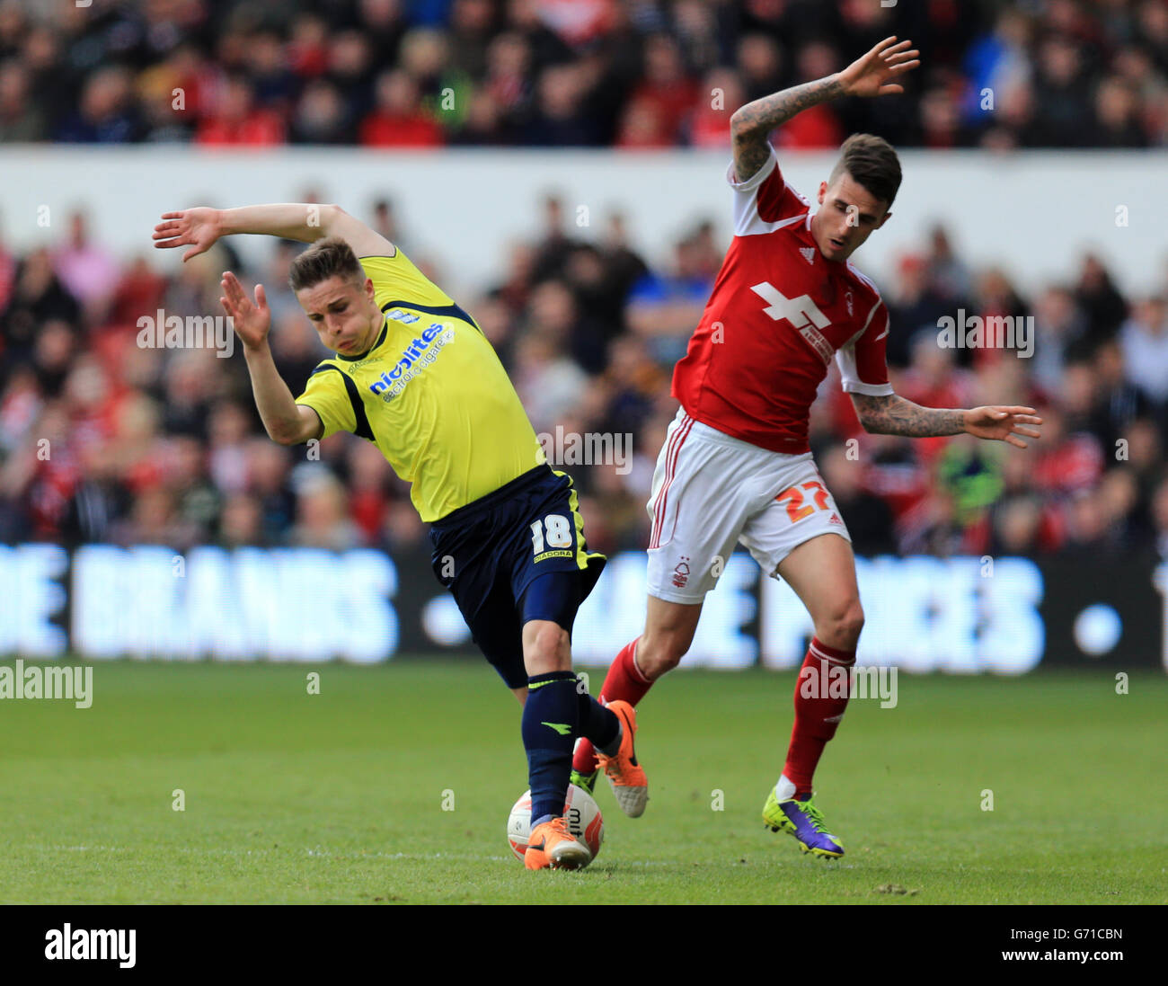 Nottingham Forest's Matt Derbyshire and Birmingham City's Mitch Hancox ...