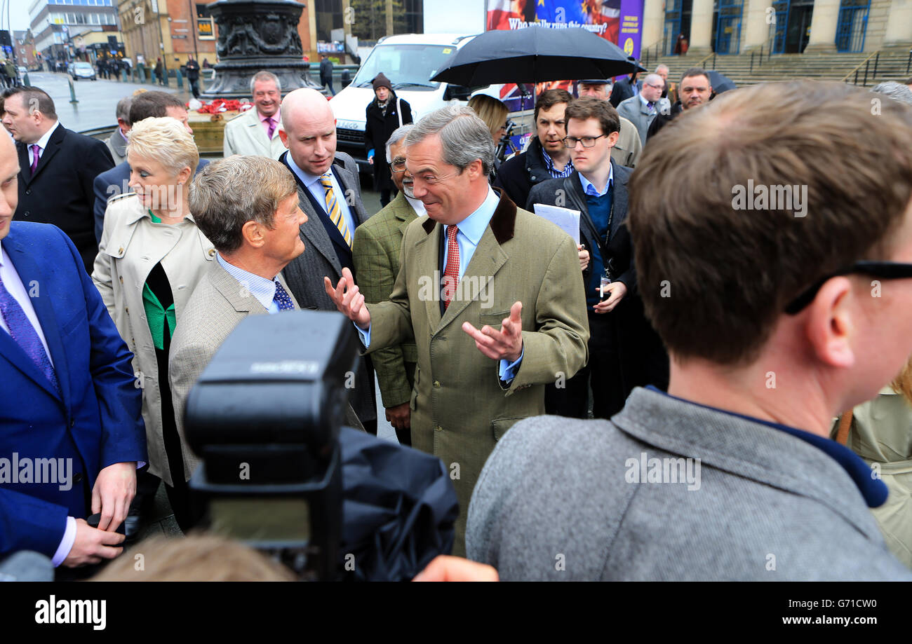 Ukip leader Nigel Farage speaks to Paul Sykes at the launch of his ...