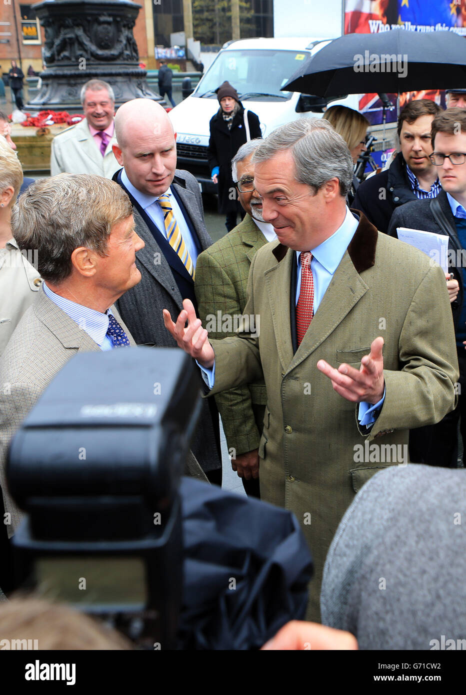 Ukip leader Nigel Farage speaks to Paul Sykes at the launch of his ...