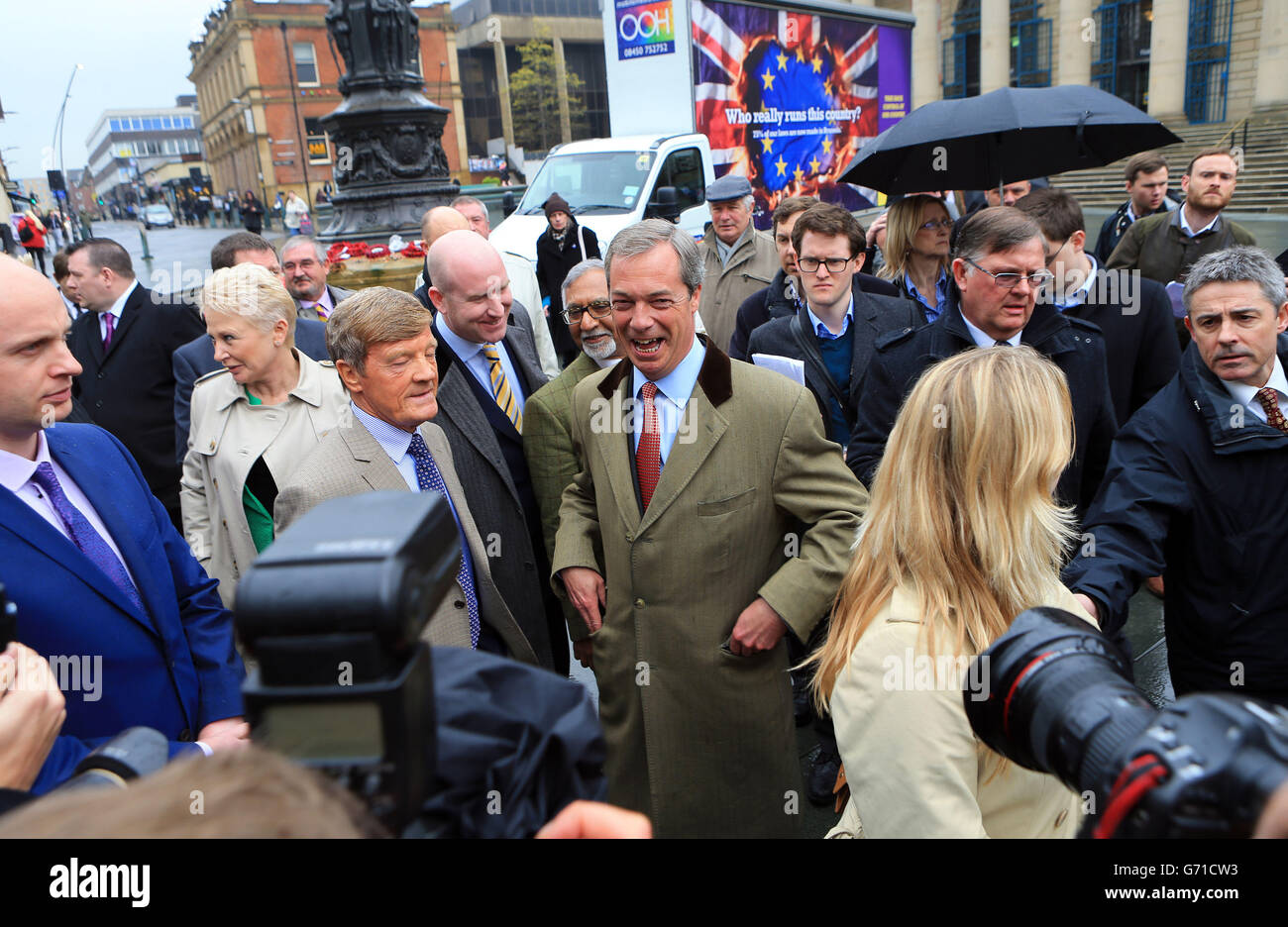 Ukip leader Nigel Farage speaks to Paul Sykes at the launch of his ...