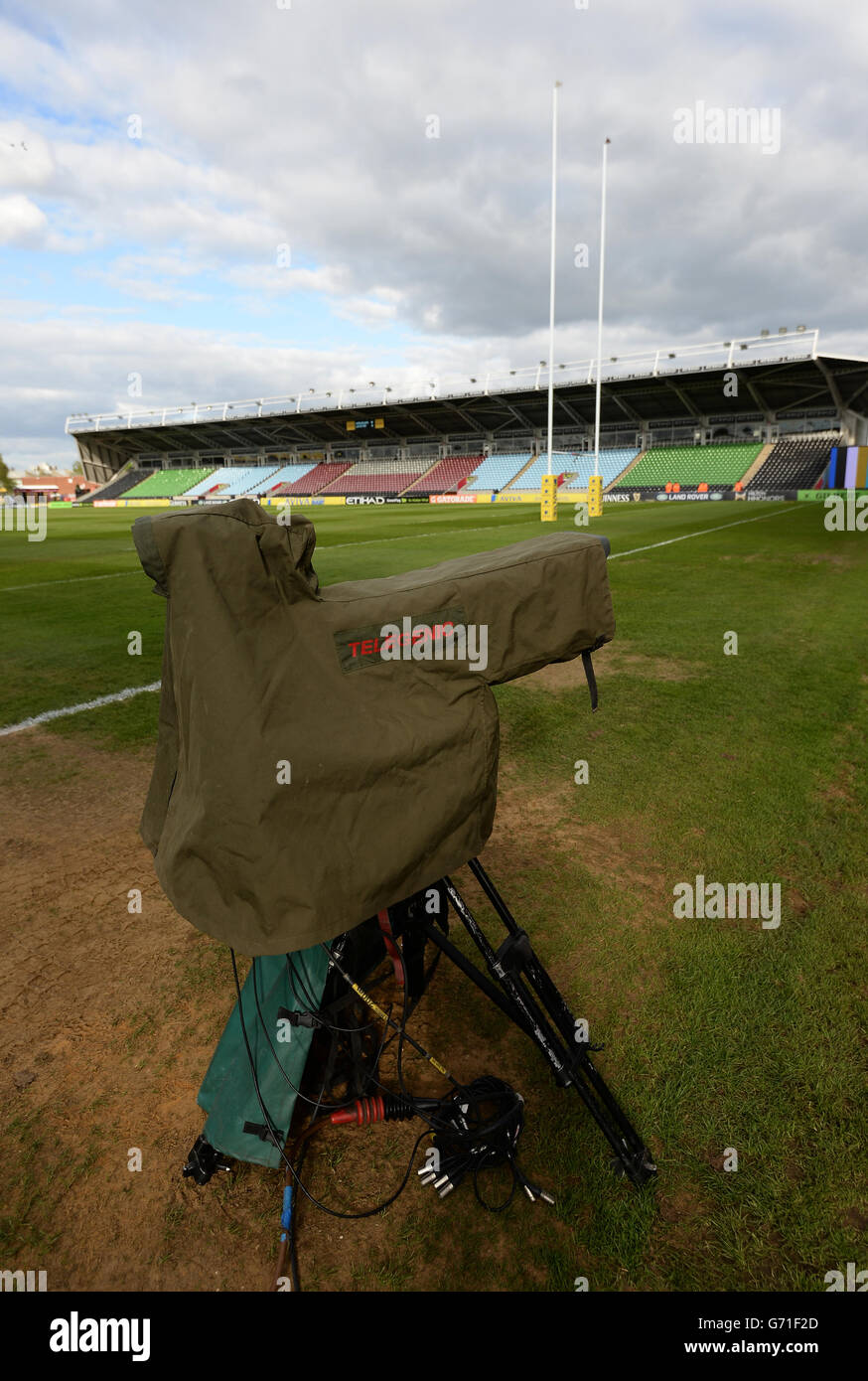 A Telegenic TV camera under cover pitchside at theTwickenham Stoop ...