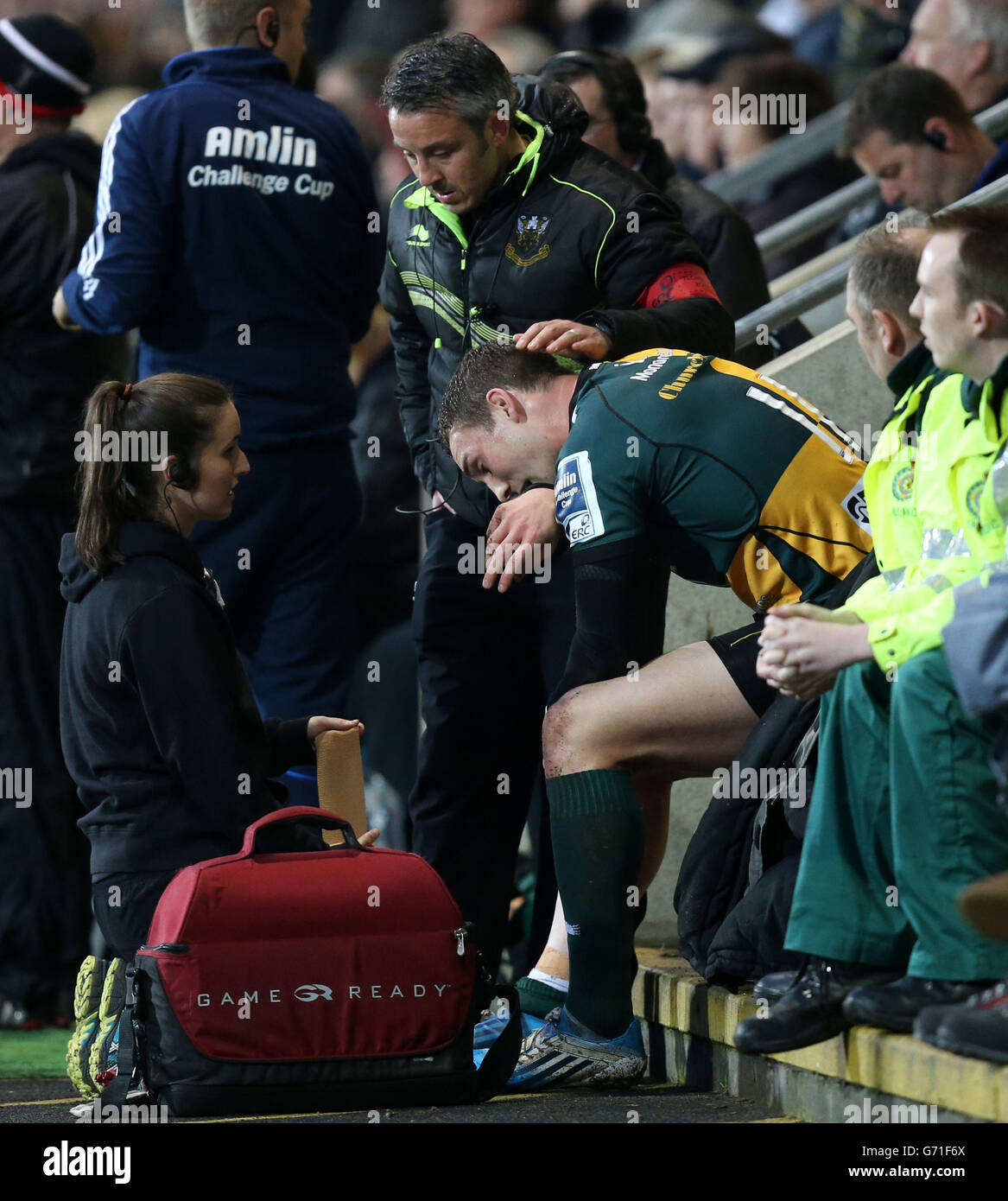 Northampton Saints' George North is treated for an injury after coming ...