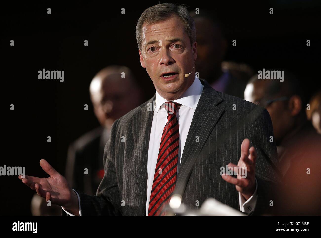 Nigel Farage speaks on stage during a Ukip rally held at the Emmanuel ...