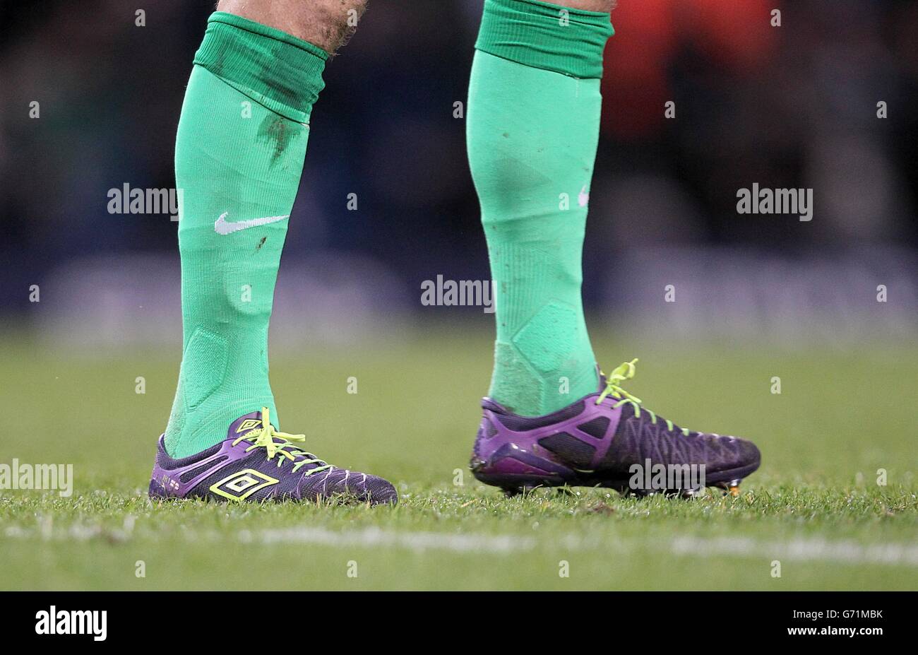 Detail view of Manchester City goalkeeper Joe Hart's football boots and ...