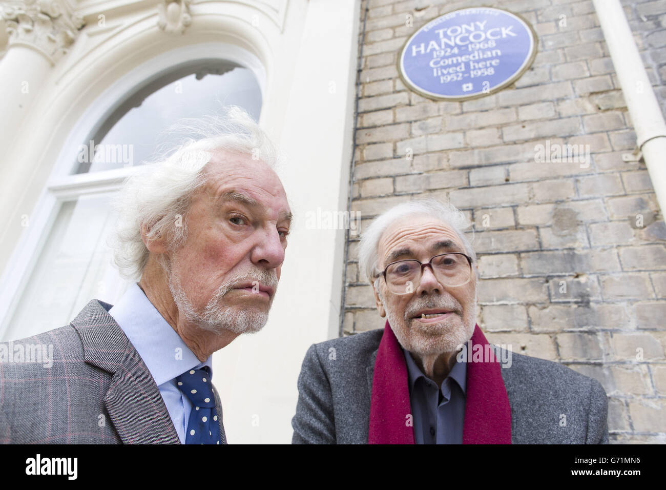 Ray Galton (left) and Alan Simpson in front of an English Heritage blue ...