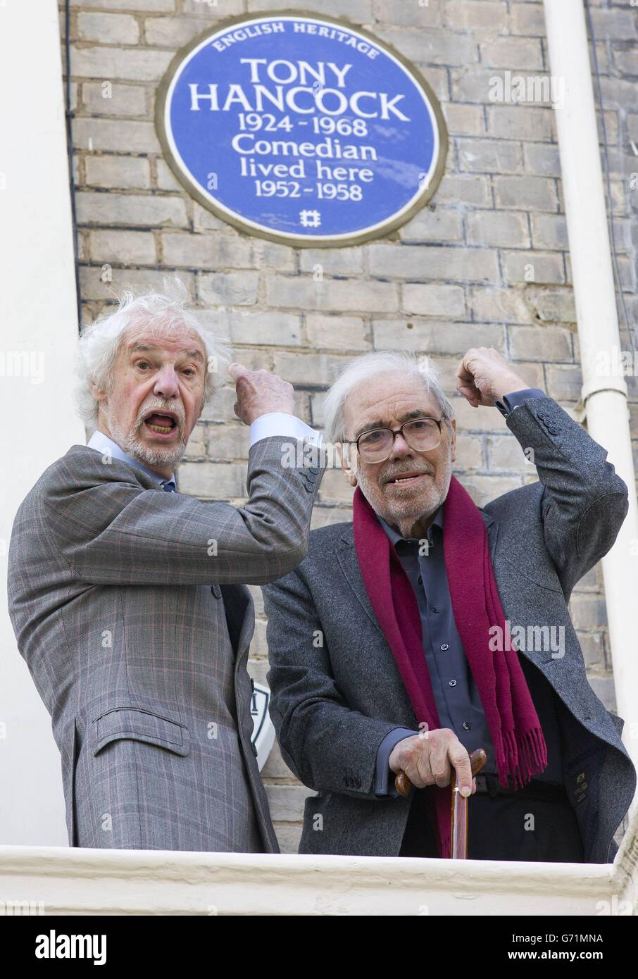 Ray Galton (left) and Alan Simpson in front of an English Heritage blue ...
