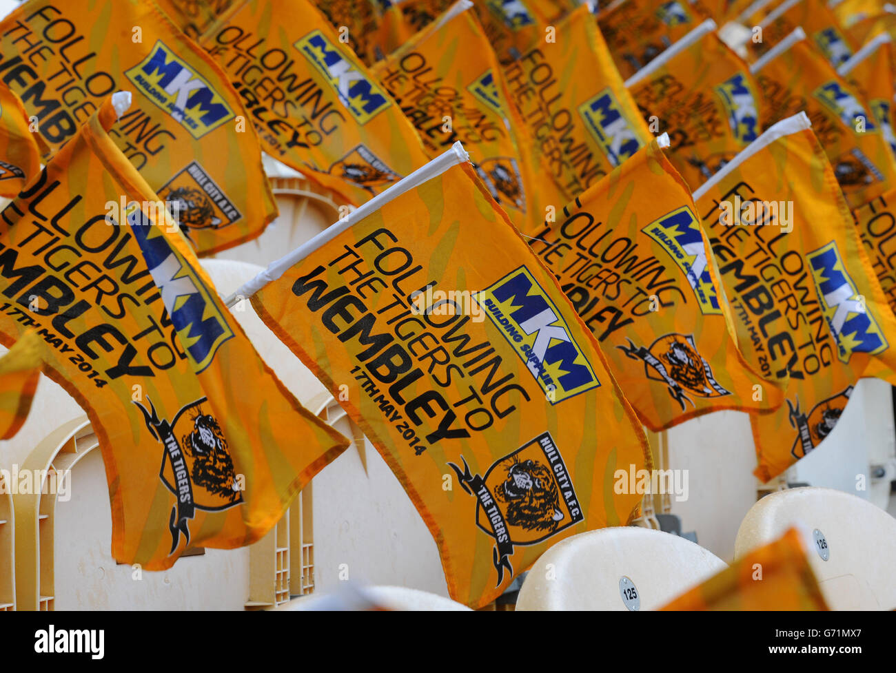 Flags are laid out on the seats for the Hull City fans ahead of the ...