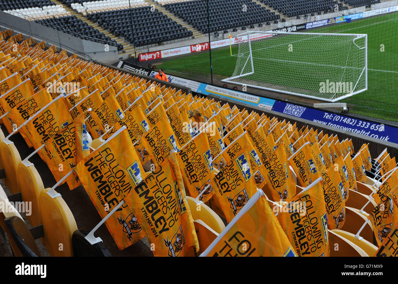 Flags are laid out on the seats for the Hull City fans ahead of the ...