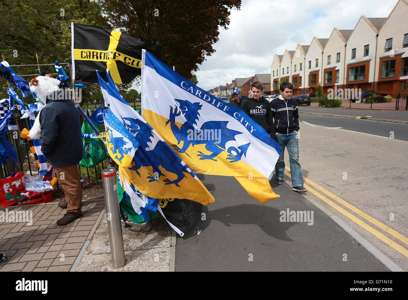 General view of cardiff city flags outside the ground kick off hi-res ...