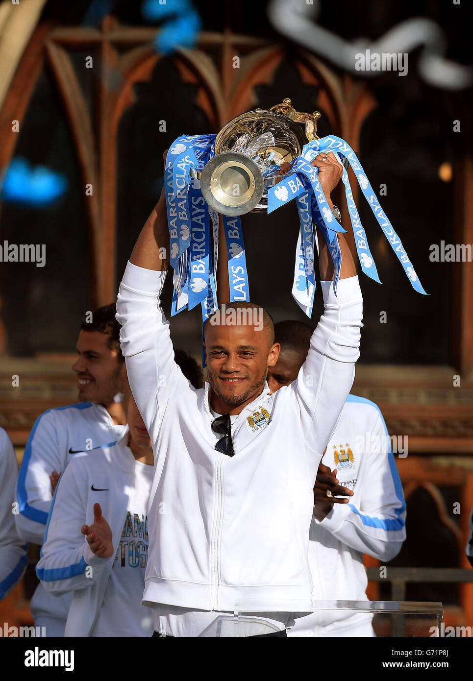 Manchester City captain Vincent Kompany lifts the Barclays Premier ...