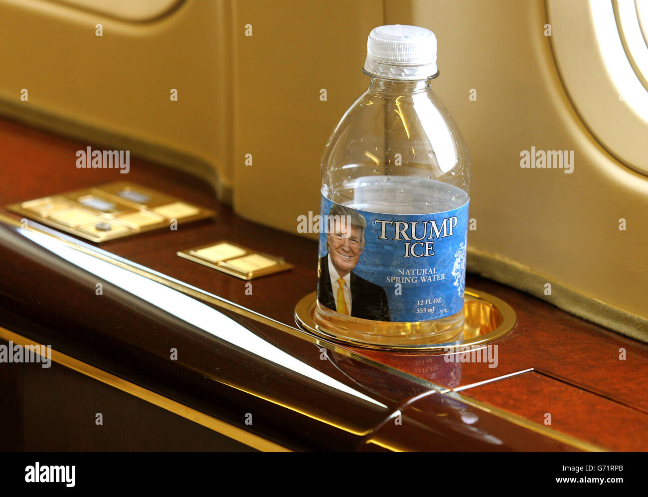 Donald Trump's private jet. A bottle of water on American tycoon Donald ...