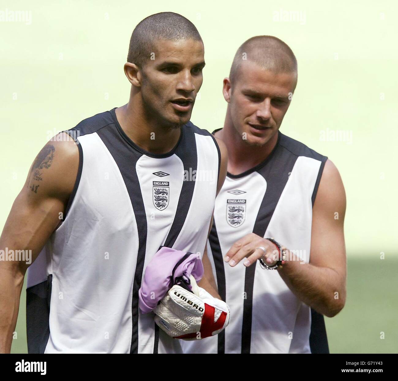 England goalkeeper David James (left) and David Beckham during a ...