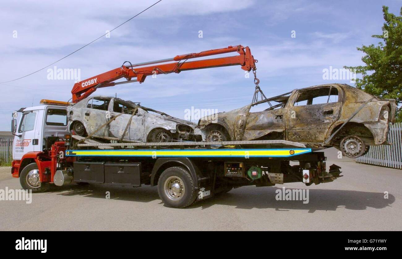 Two Police cars on a recovery lorry in Boston Linconshire. The cars ...