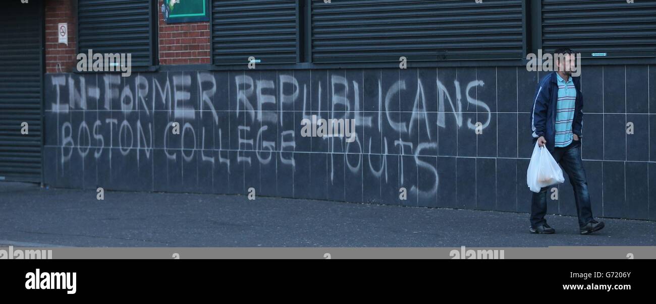 Graffiti in reference to Sinn Fein Leader Gerry Adams is painted on a ...