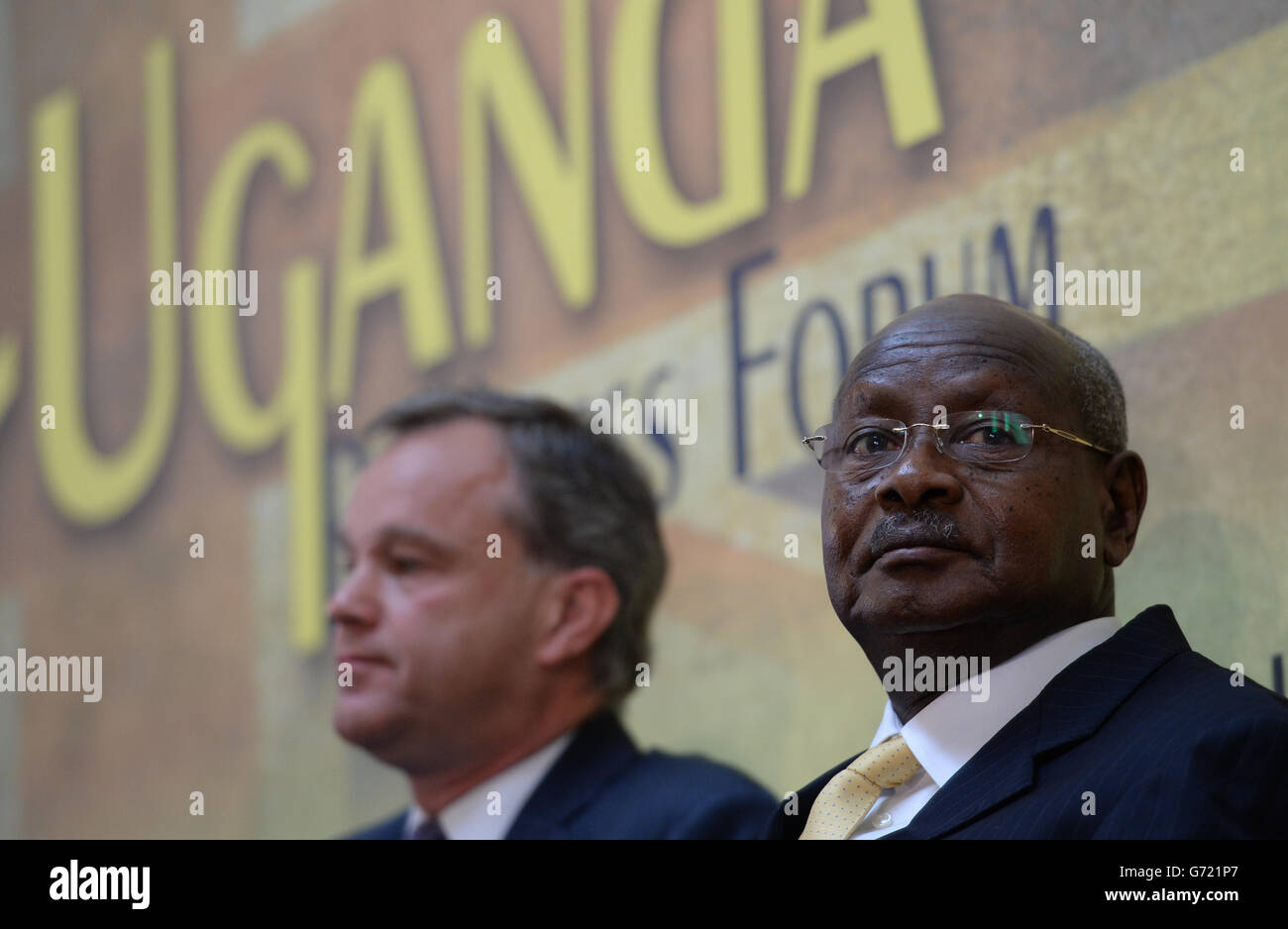 Ugandan President Yoweri Kaguta Museveni addresses the Uganda Business Forum at Lancaster House ...