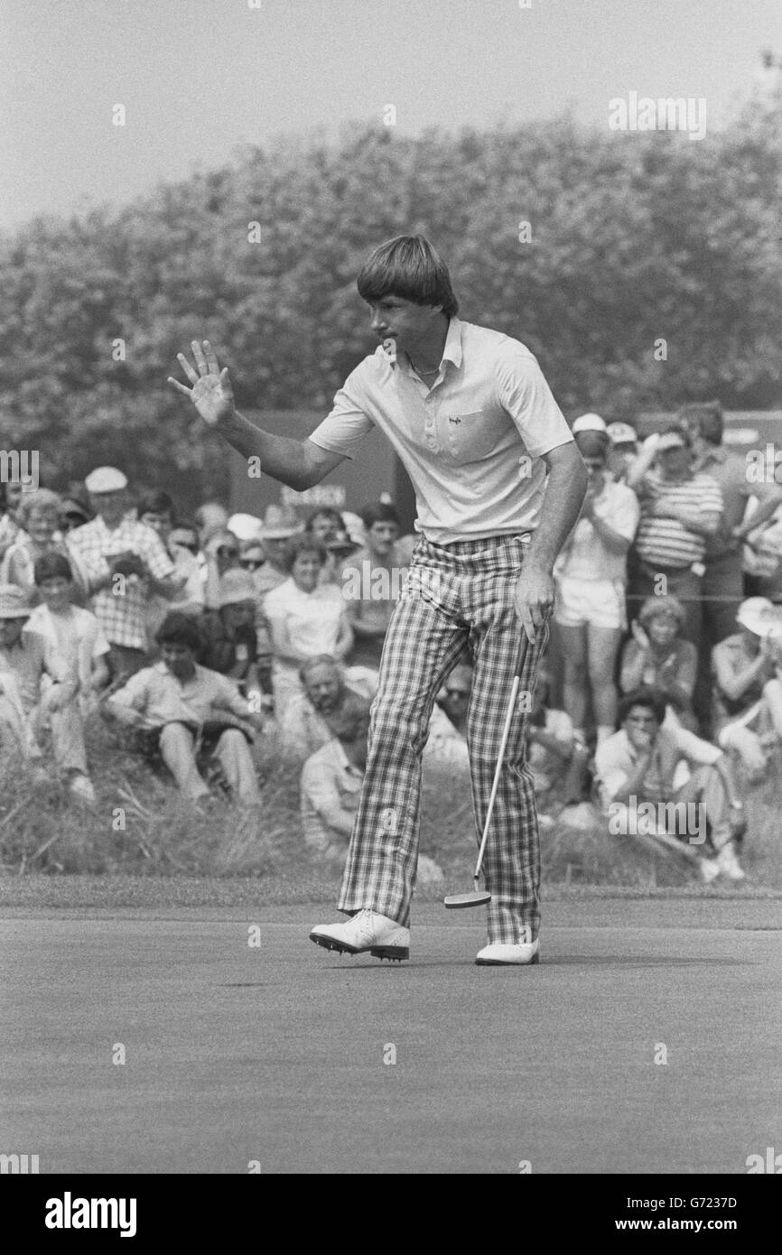 Britain's Nick Faldo shows his delight after a birdie three. He had ...