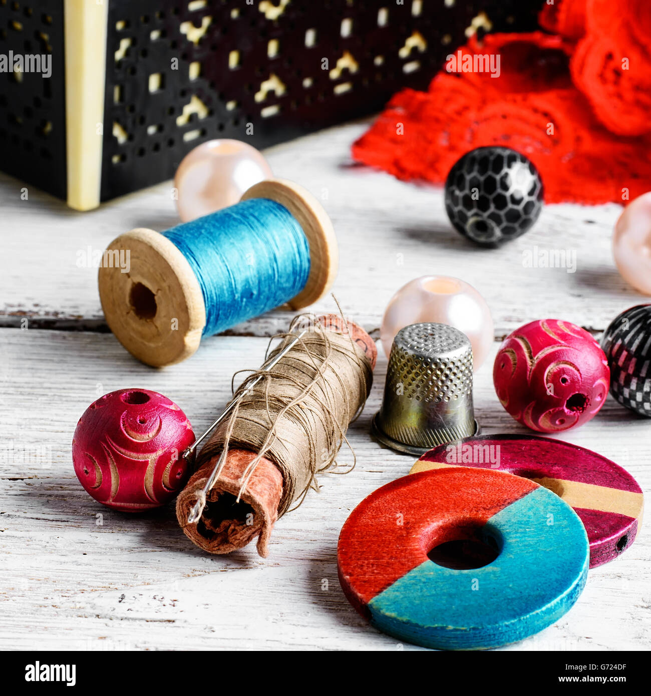 Lace,beads and thread working tools for craft and skill Stock Photo - Alamy