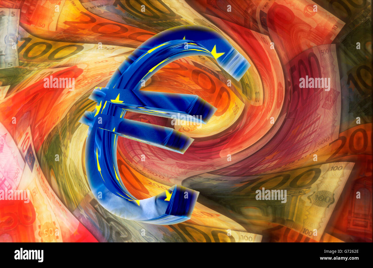Euro sign in front of blurred euro banknotes, illustration Stock Photo ...