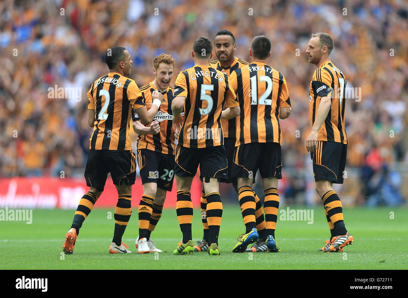 Hull City players celebrate James Chester's goal, their first of the ...