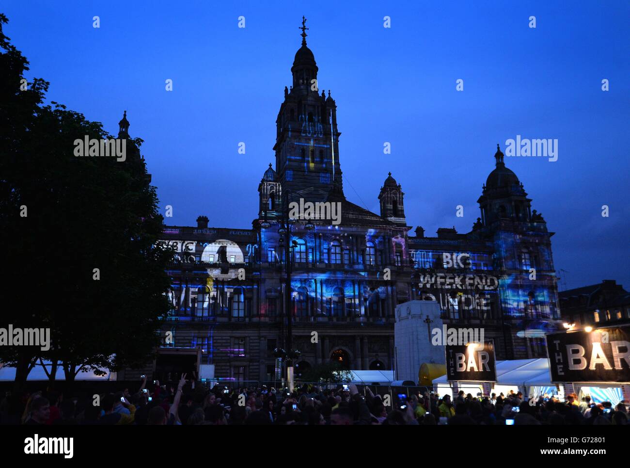 BBC Radio 1 Big Weekend - Glasgow. Projections on the front of Glasgow ...