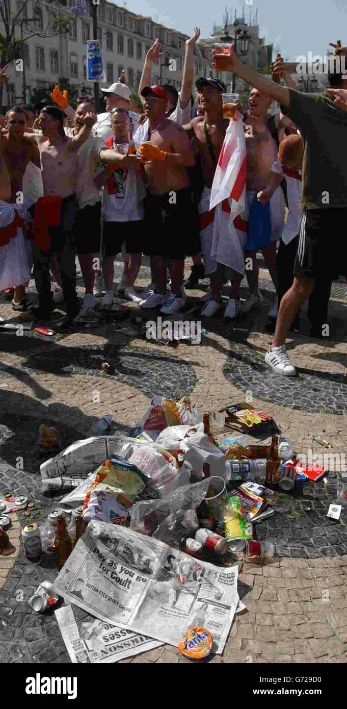 England football fans in Praca Rossio, Lisbon, Portugal, Sunday June 13 ...