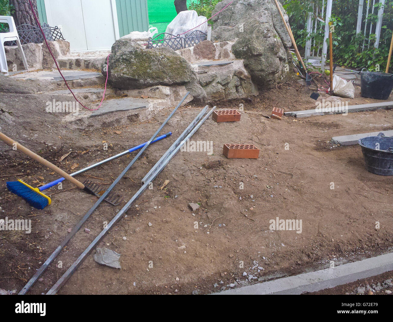 Detail of a building site with materials and tools Stock Photo - Alamy