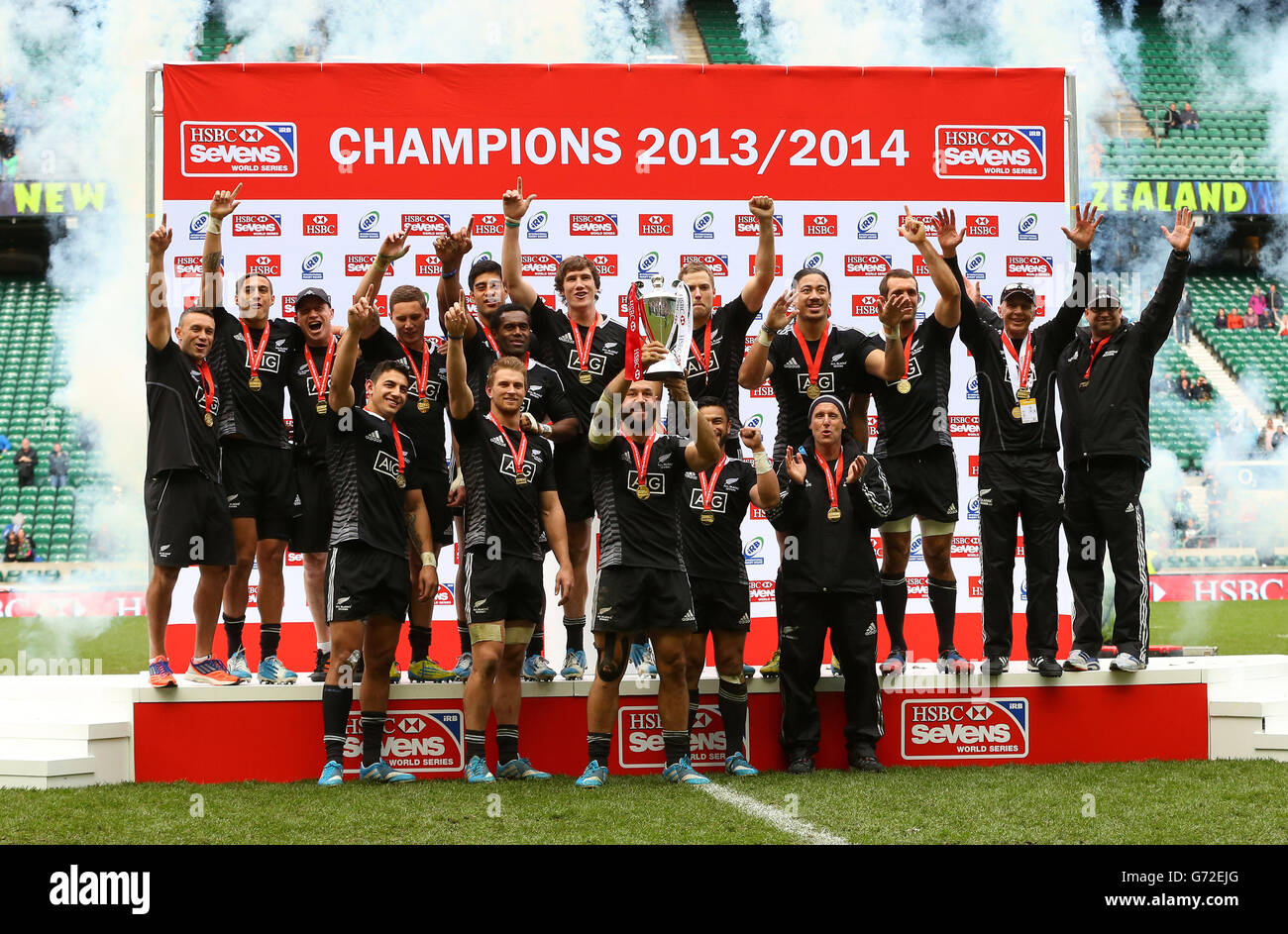 New Zealand Captain D J Forbes (middle) lifts the HSCBC Sevens World ...