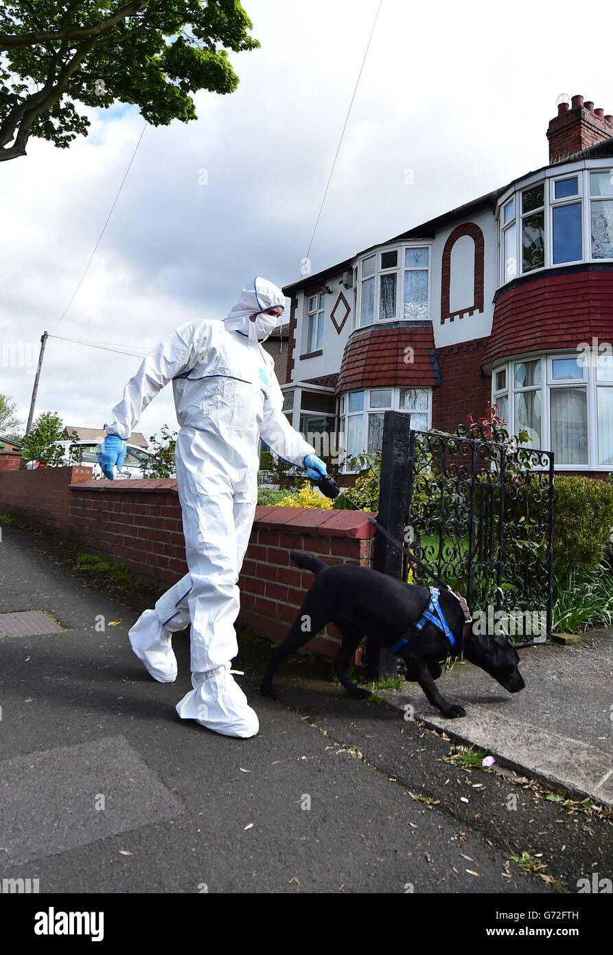 Forensic officer with dog outside house on hollywell road hi-res stock ...