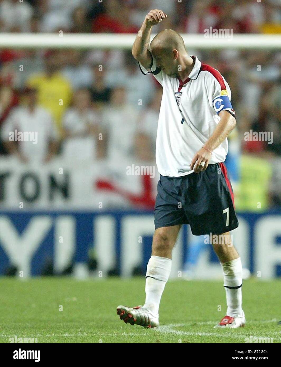 England captain David Beckham shows his dejection after Portugal's ...